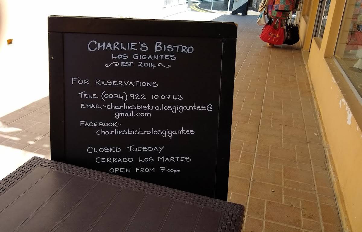 Menu at Charlie's Bistro los Gigantes restaurant, Acantilados de los ...