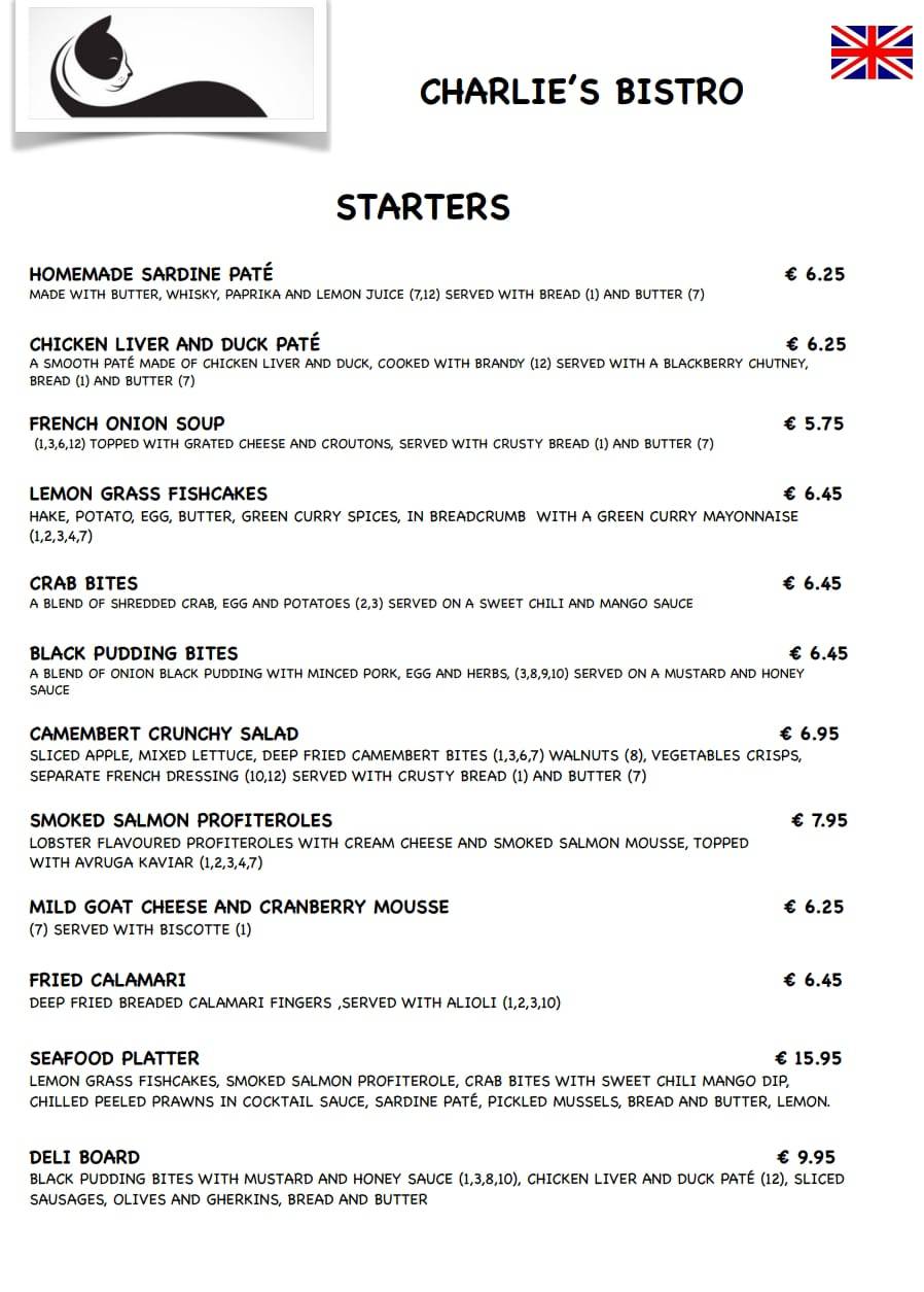 Menu at Charlie's Bistro los Gigantes restaurant, Acantilados de los ...