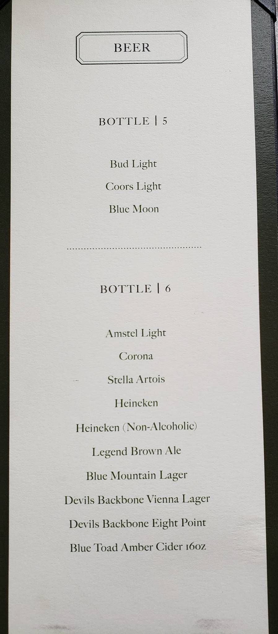 Menu at The Mill Room restaurant, Charlottesville