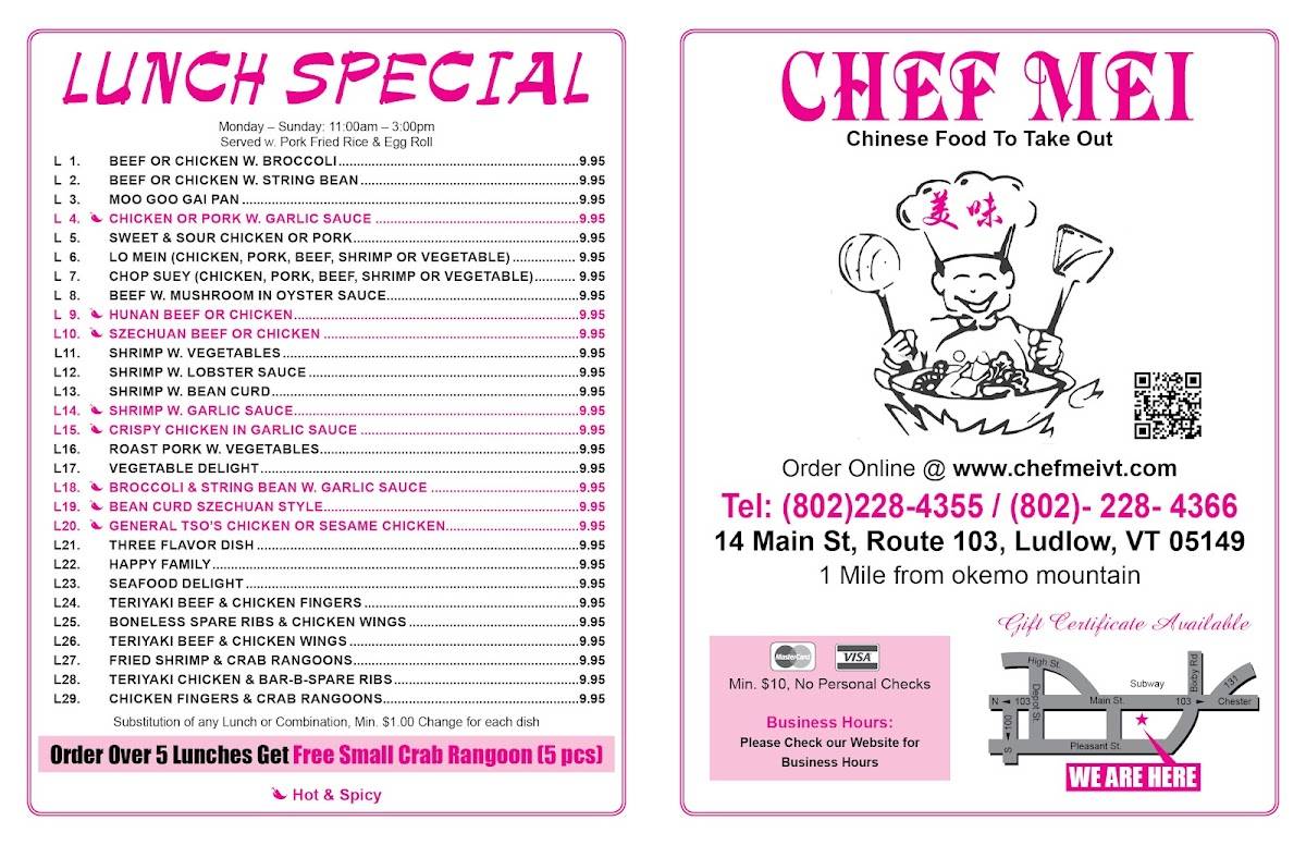 Menu at Chef Mei Chinese Restaurant, Ludlow