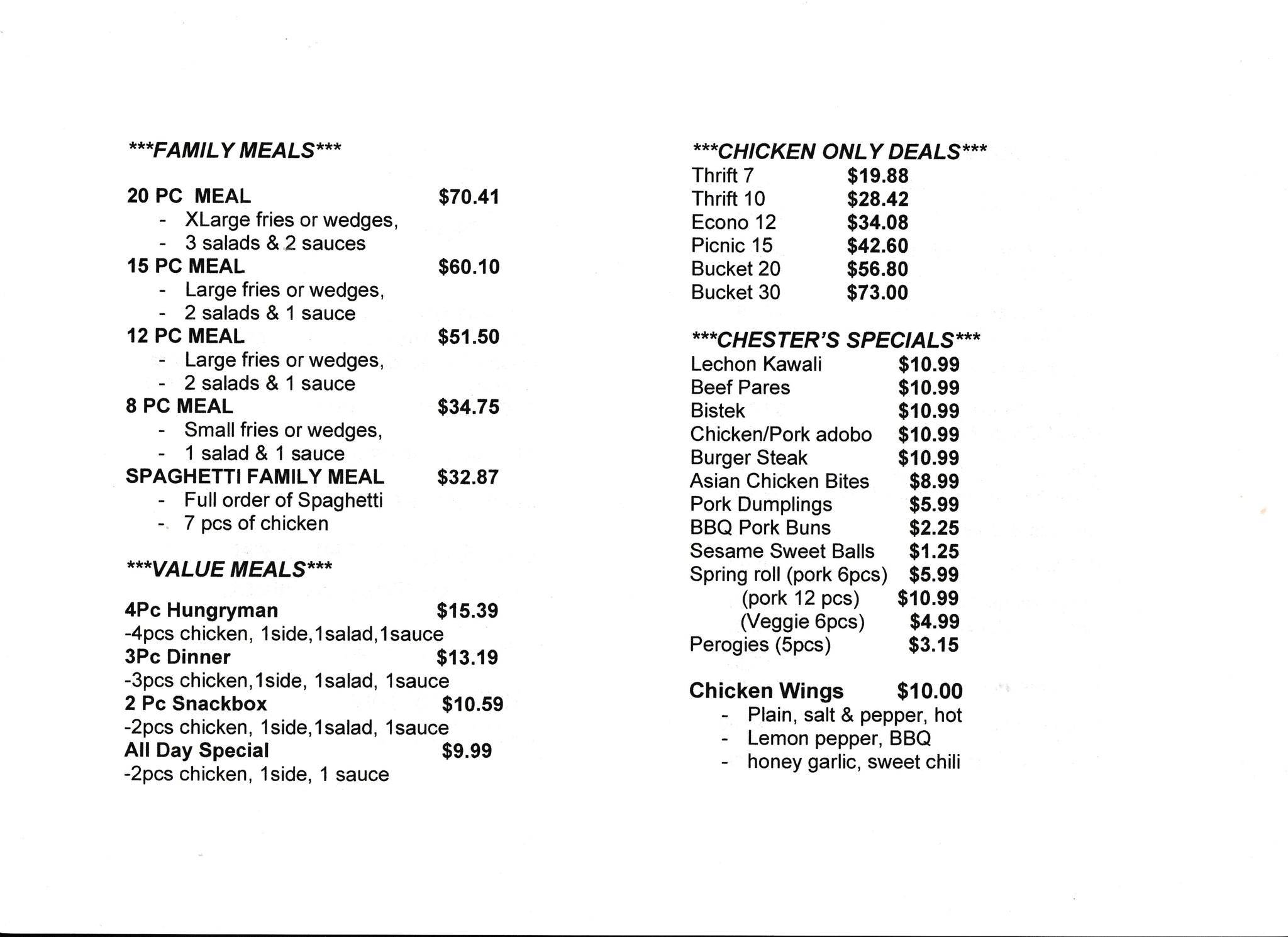 Menu at Chester's Chicken restaurant, Yorkton
