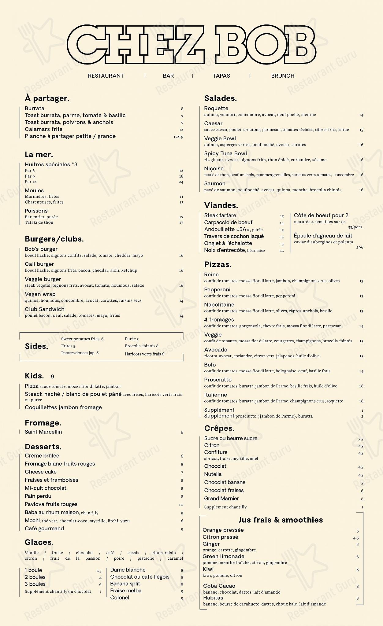 Menu au Chez Bob restaurant, Saint-Palais-sur-Mer
