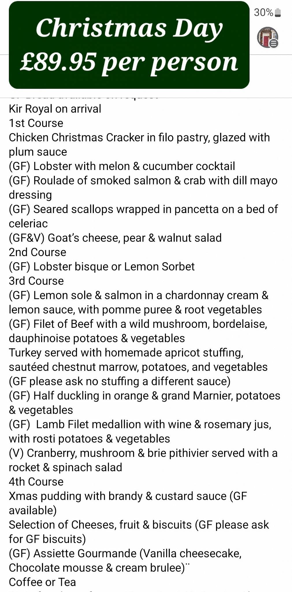 Menu at Chez Jerome restaurant, Dunstable