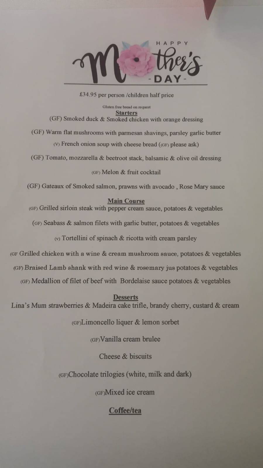 Menu at Chez Jerome restaurant, Dunstable