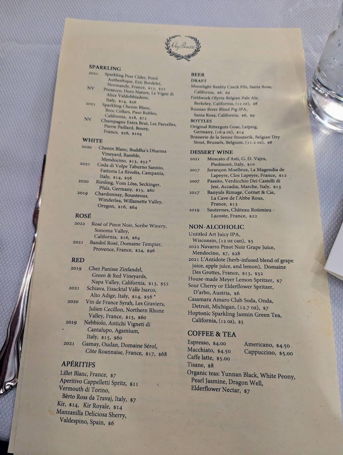 Menu at Chez Panisse restaurant, Berkeley, Shattuck Ave.