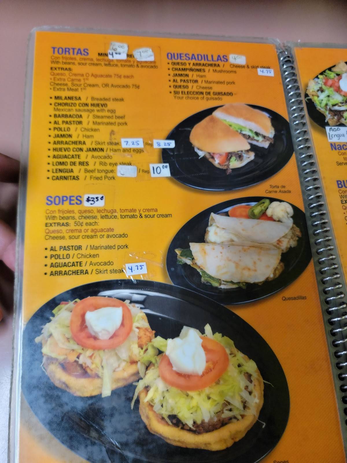 Menu at Carniceria y Taqueria Aguascalientes restaurant, Chicago, W 26th St