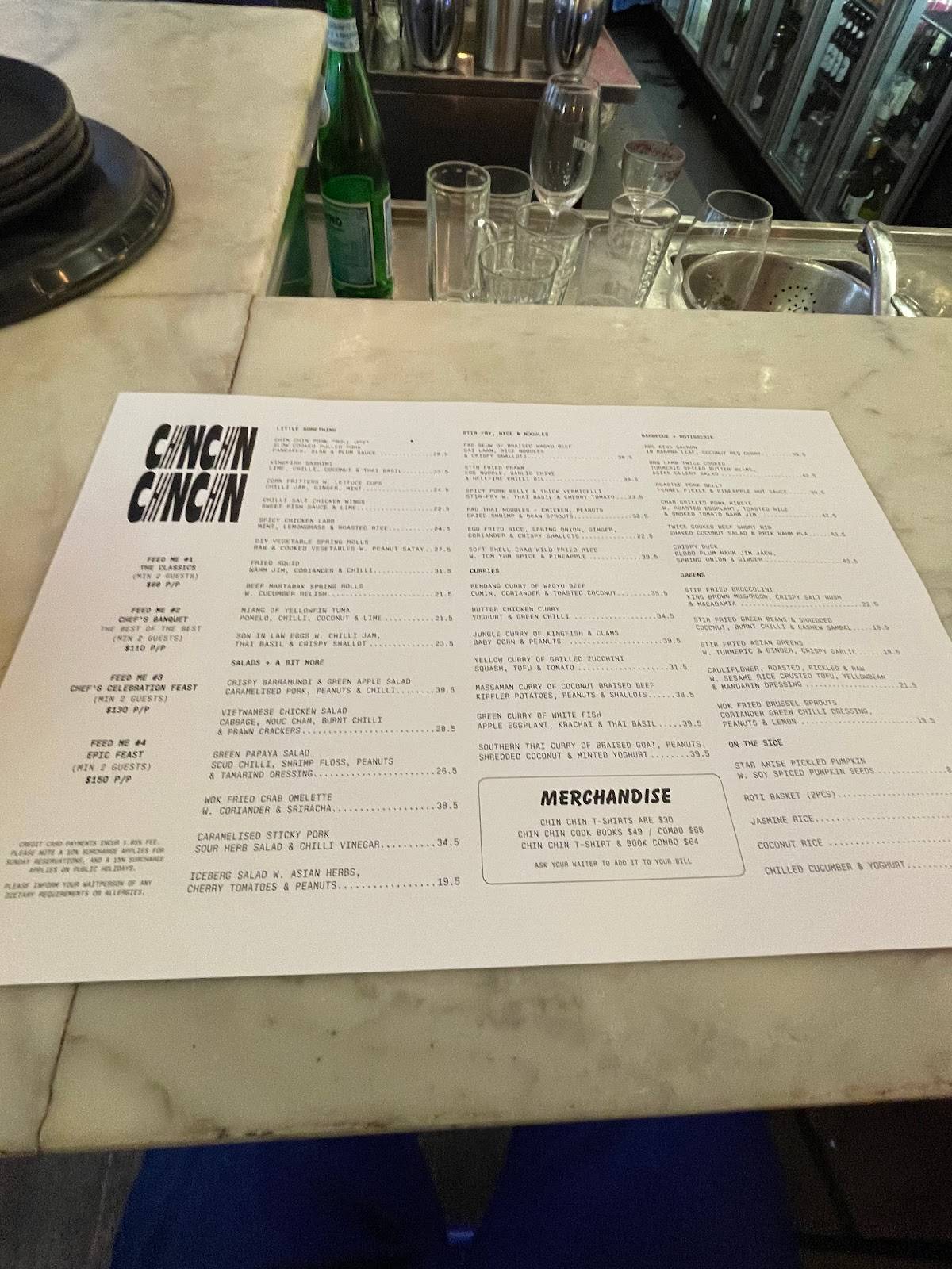 Menu at Chin Chin restaurant, Melbourne