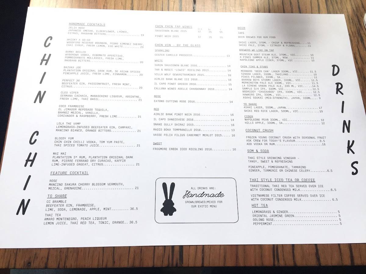 Menu at Chin Chin restaurant, Melbourne