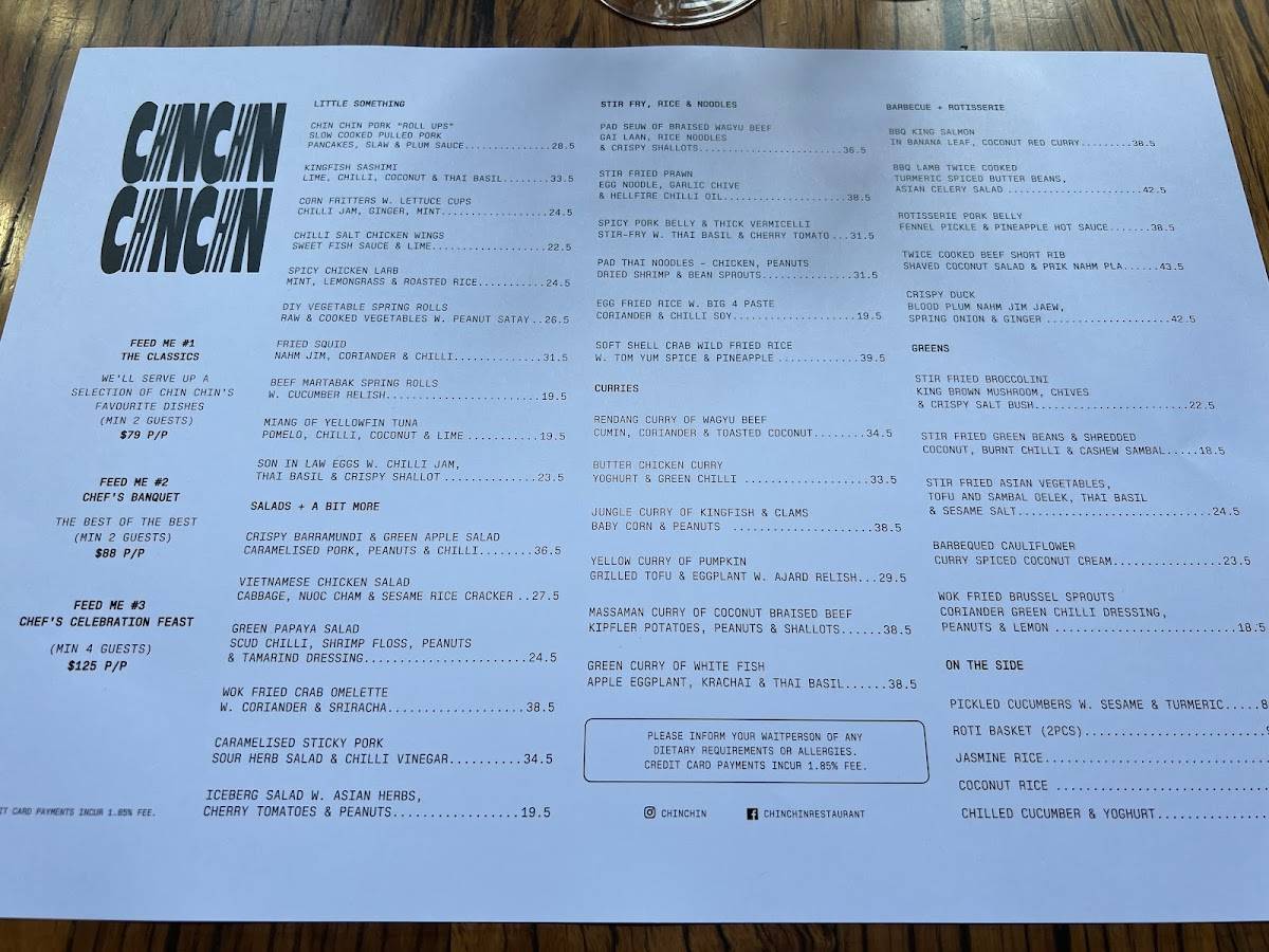 Menu at Chin Chin restaurant, Melbourne