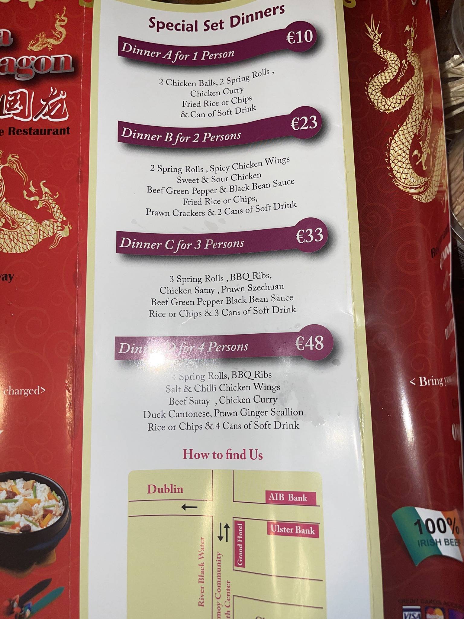 Menu at China Dragon restaurant, Fermoy