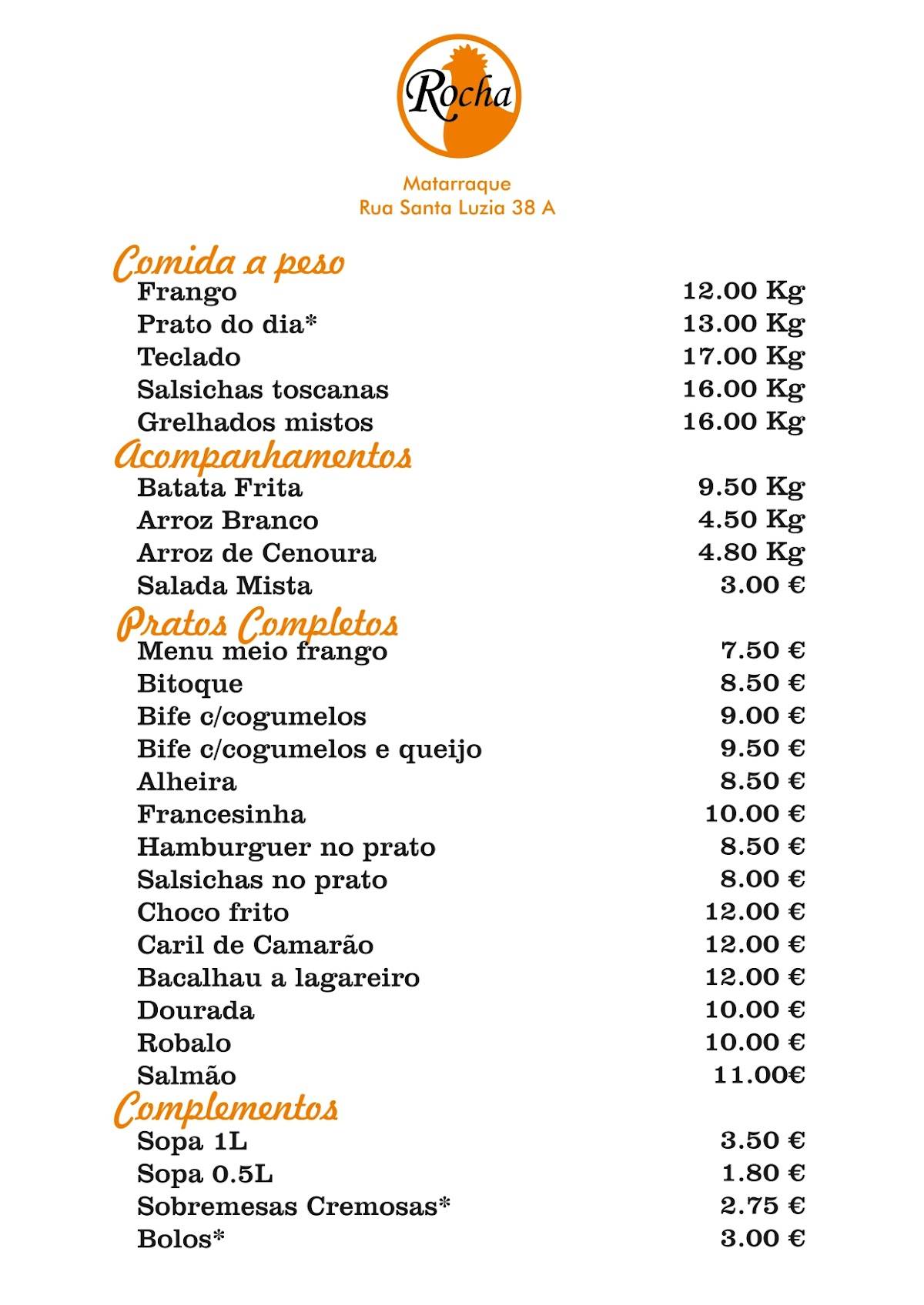 Menu at Churrasqueira Rocha restaurant, São Domingos de Rana, R. Santa ...