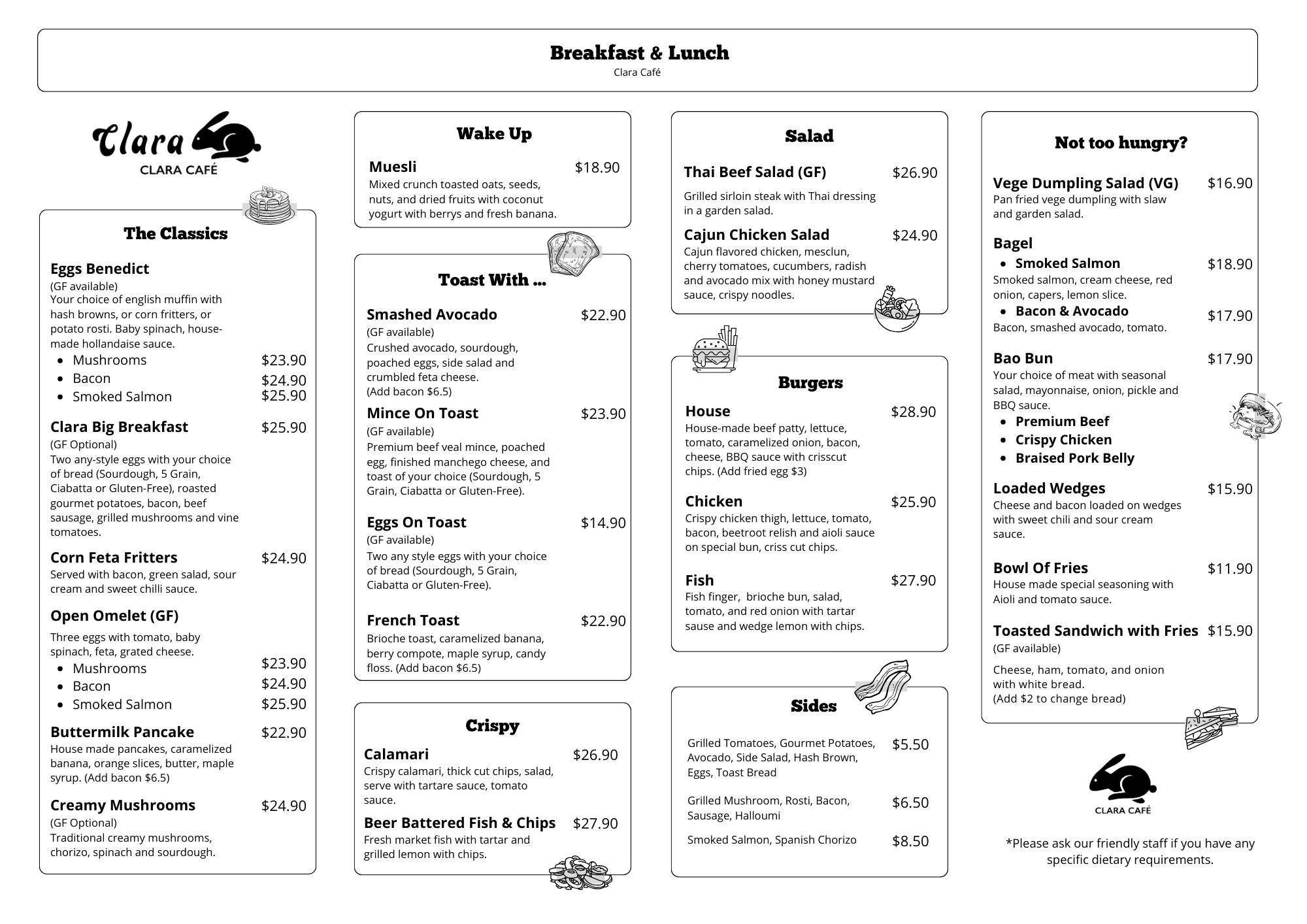 Menu at Clara Café Silverdale cafe, Auckland
