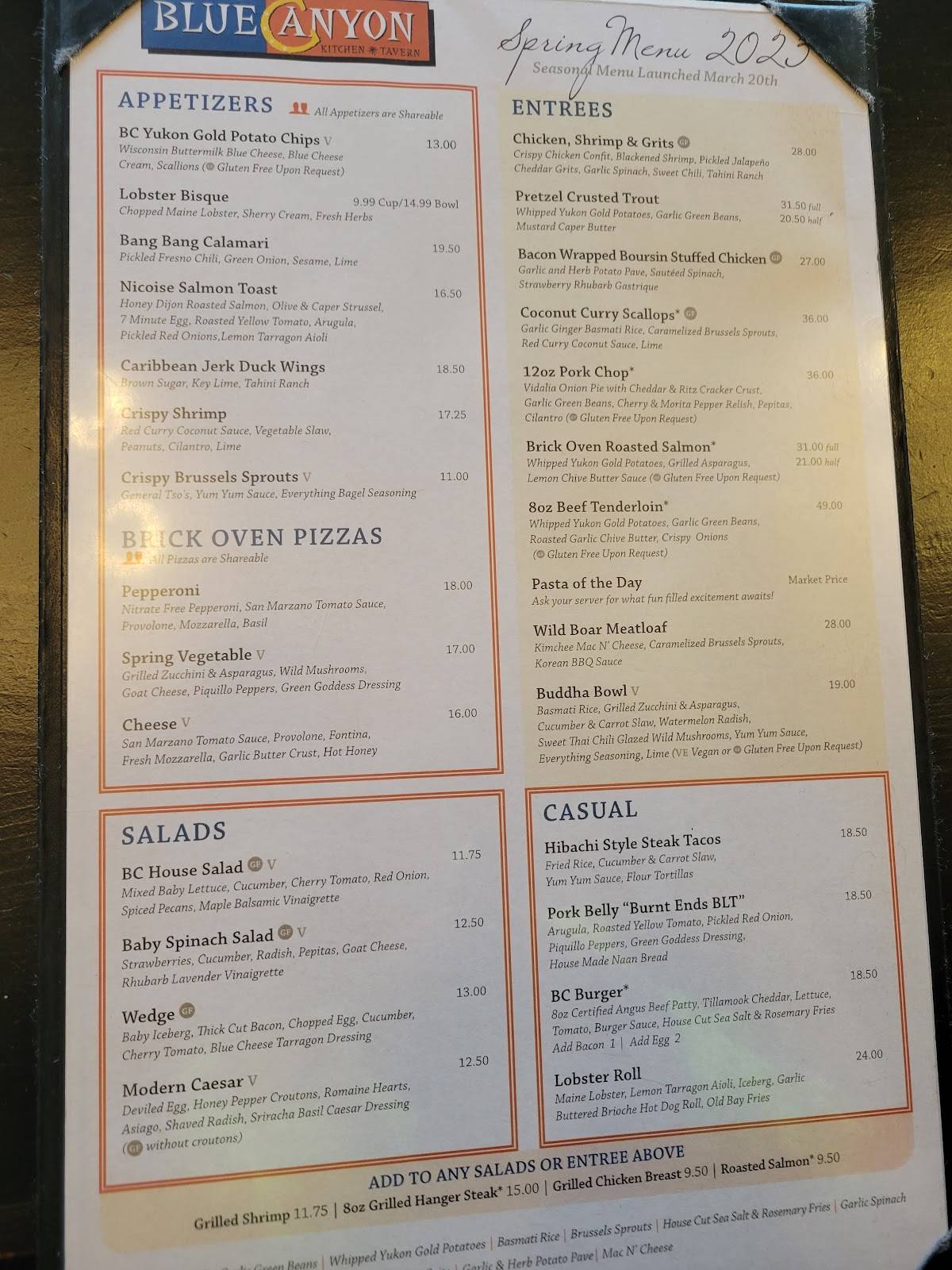 Menu at Blue Canyon Kitchen & Tavern restaurant, Twinsburg
