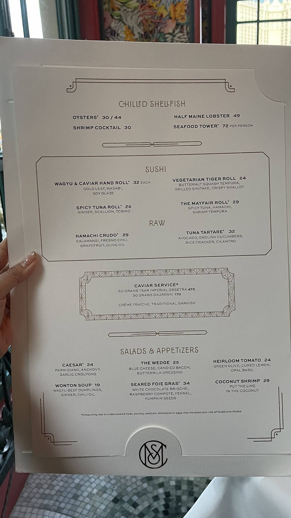 Menu at The Mayfair Supper Club, Las Vegas
