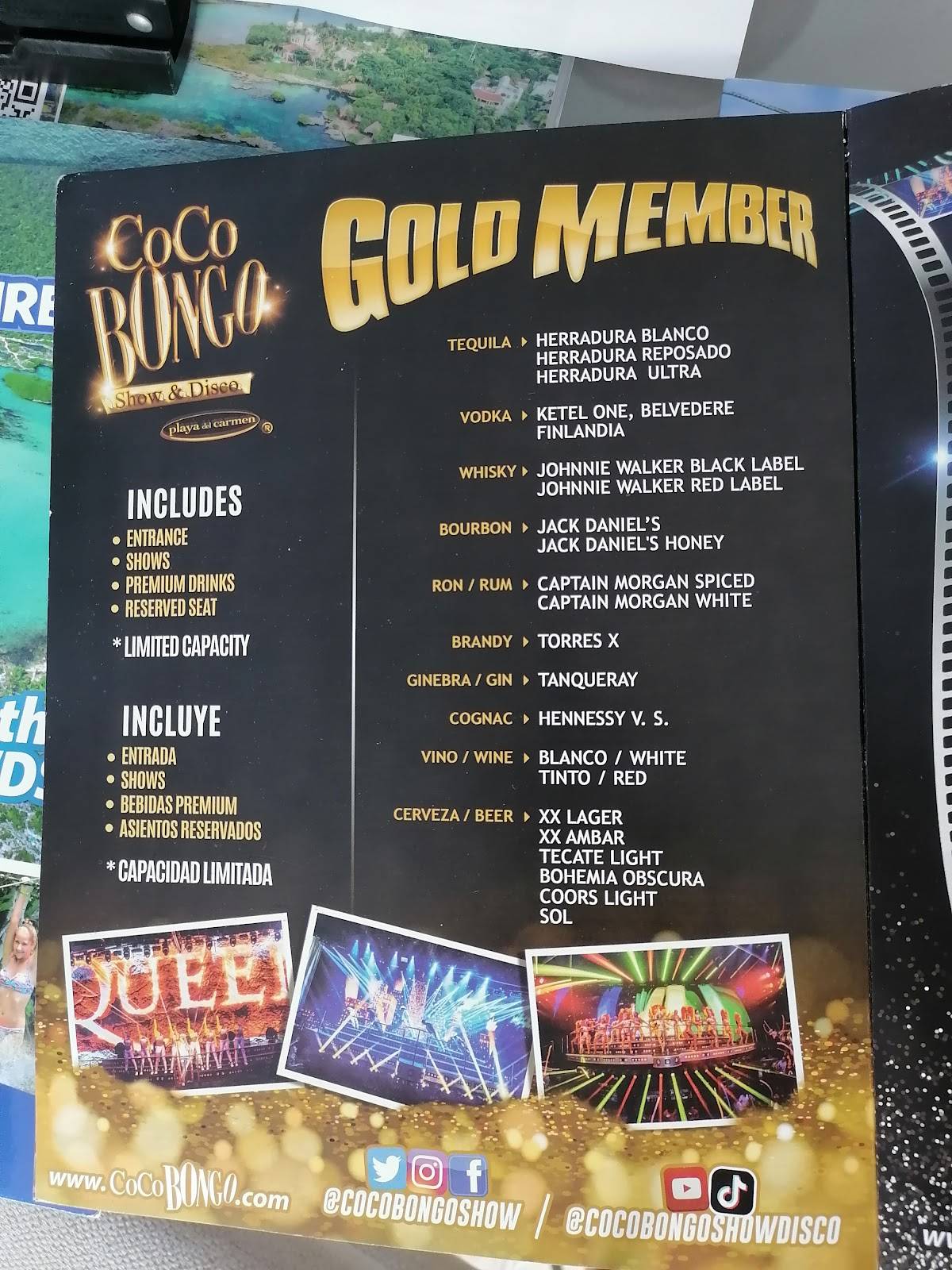 Carta del club Coco Bongo Playa del Carmen, Playa del Carmen