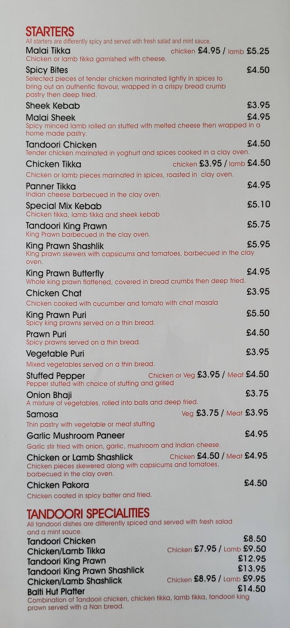 Menu at balti hut restaurant, Coleford