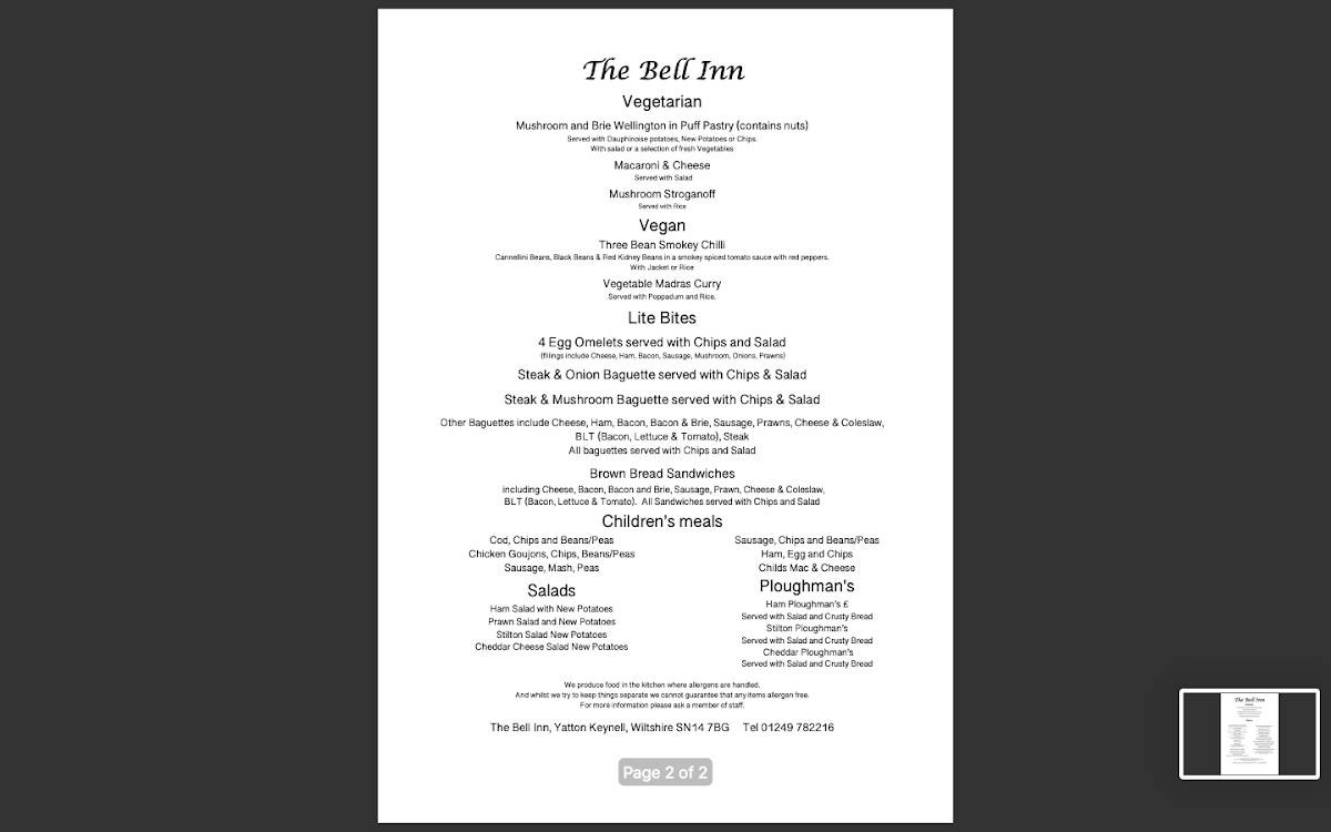 Menu at The Bell Inn pub & bar, Yatton Keynell, High Street
