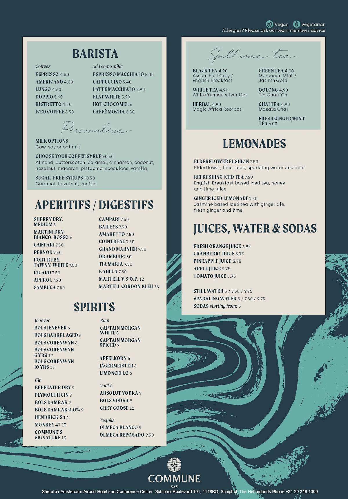 Menu at Commune Restaurant, Schiphol