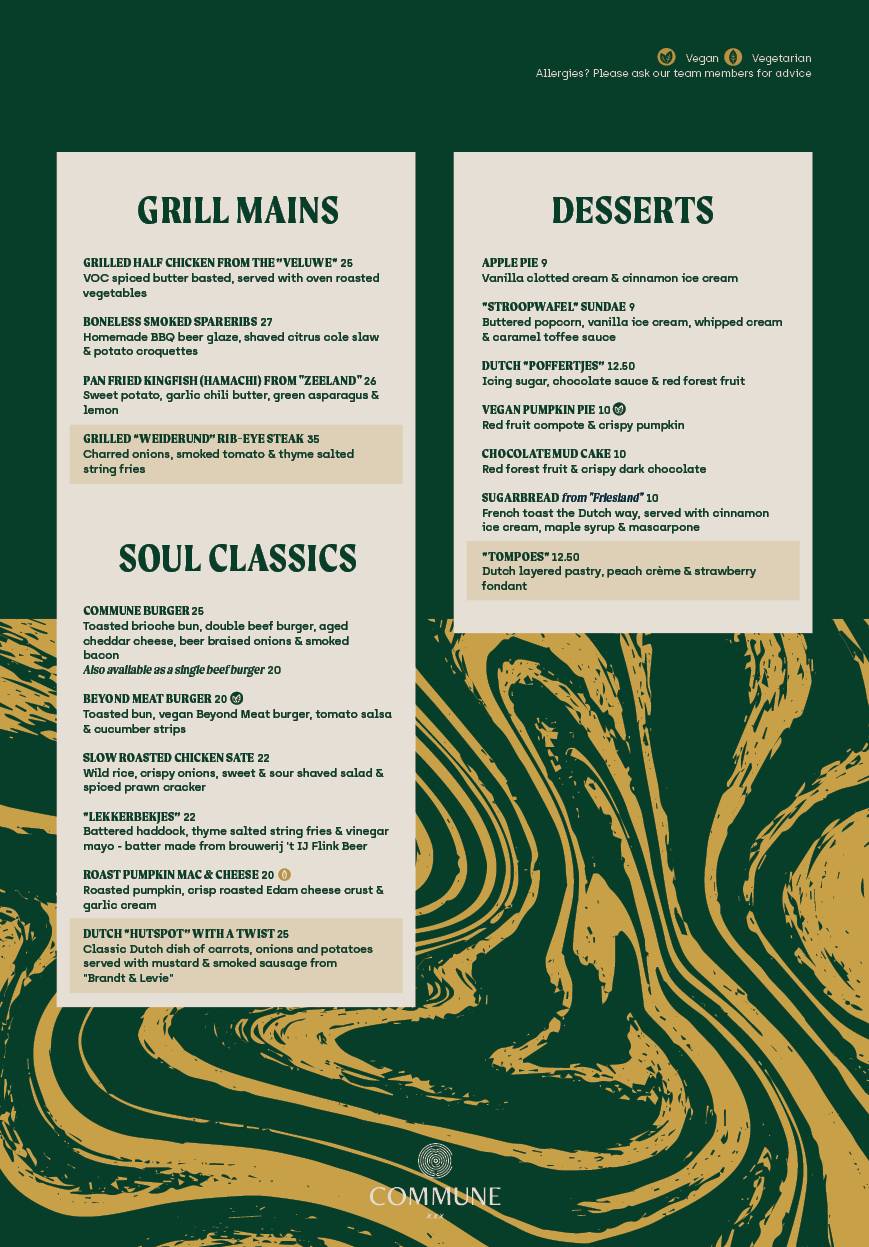Menu at Commune Restaurant, Schiphol