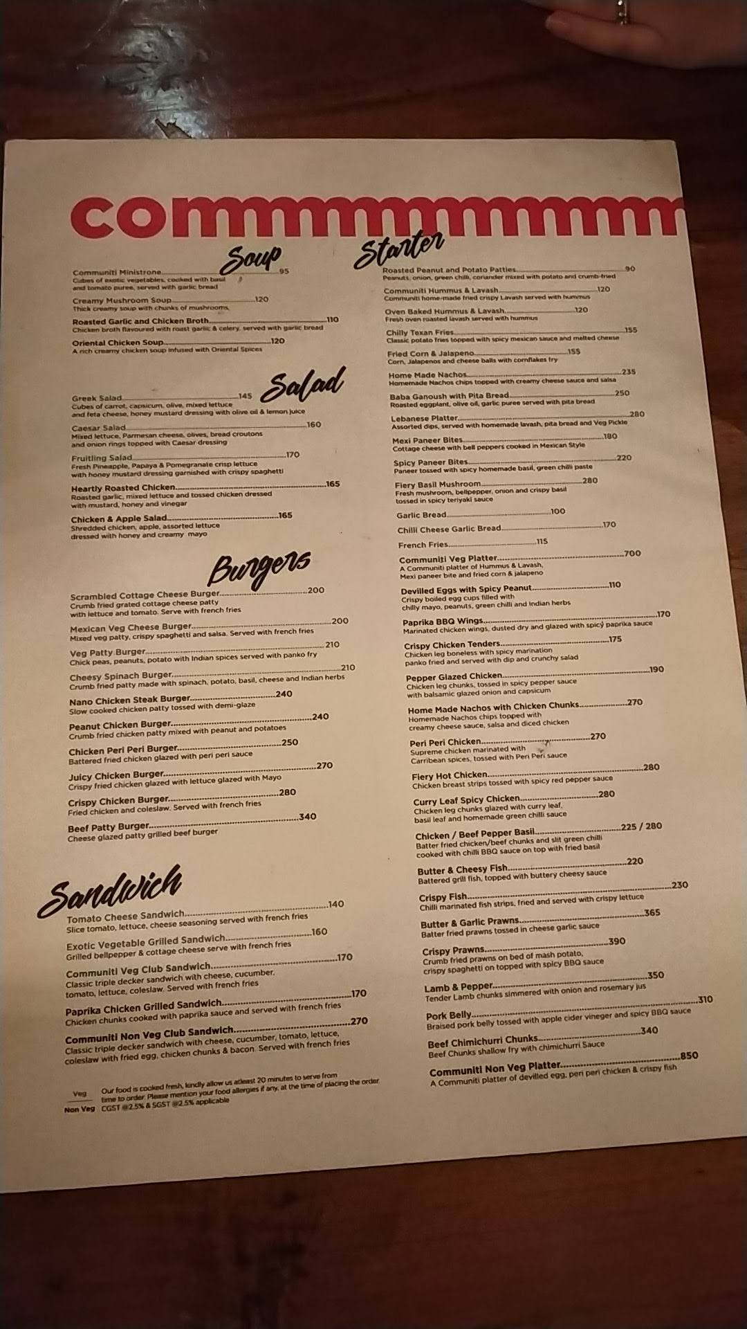Menu at Communiti, Bengaluru, Brigade Solitare