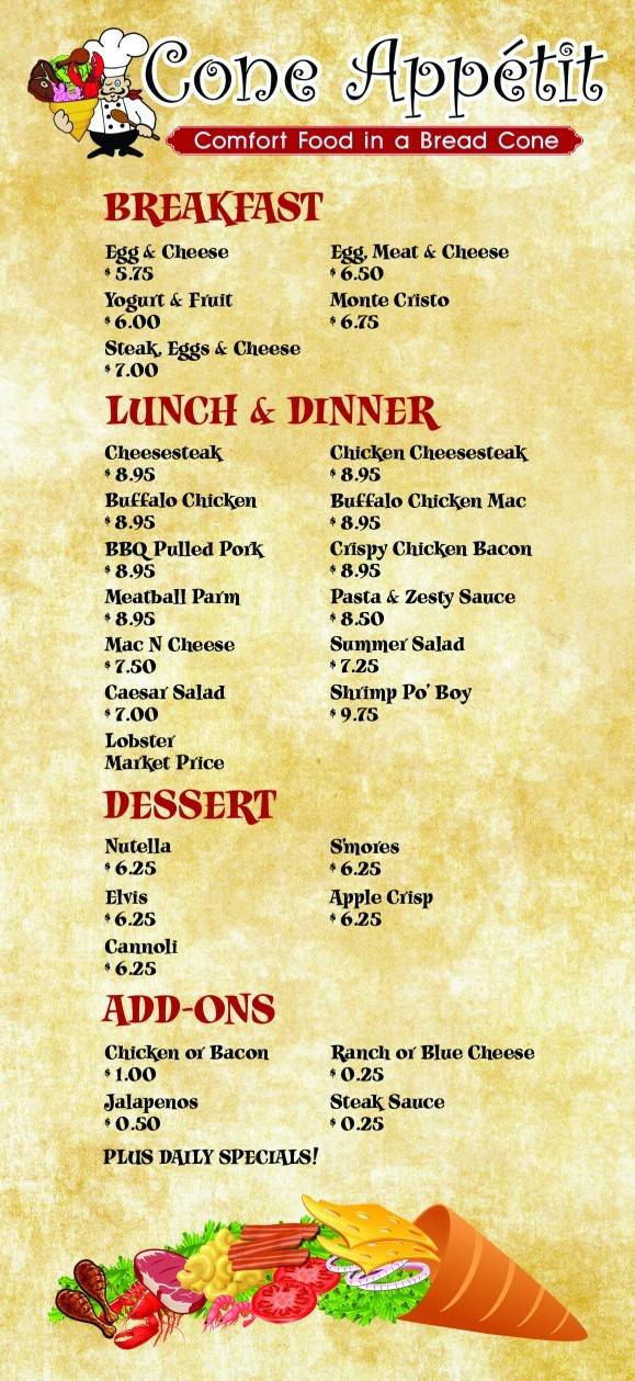 Menu at Cone Appetit restaurant, Easton, 125 Bethpage Terrace