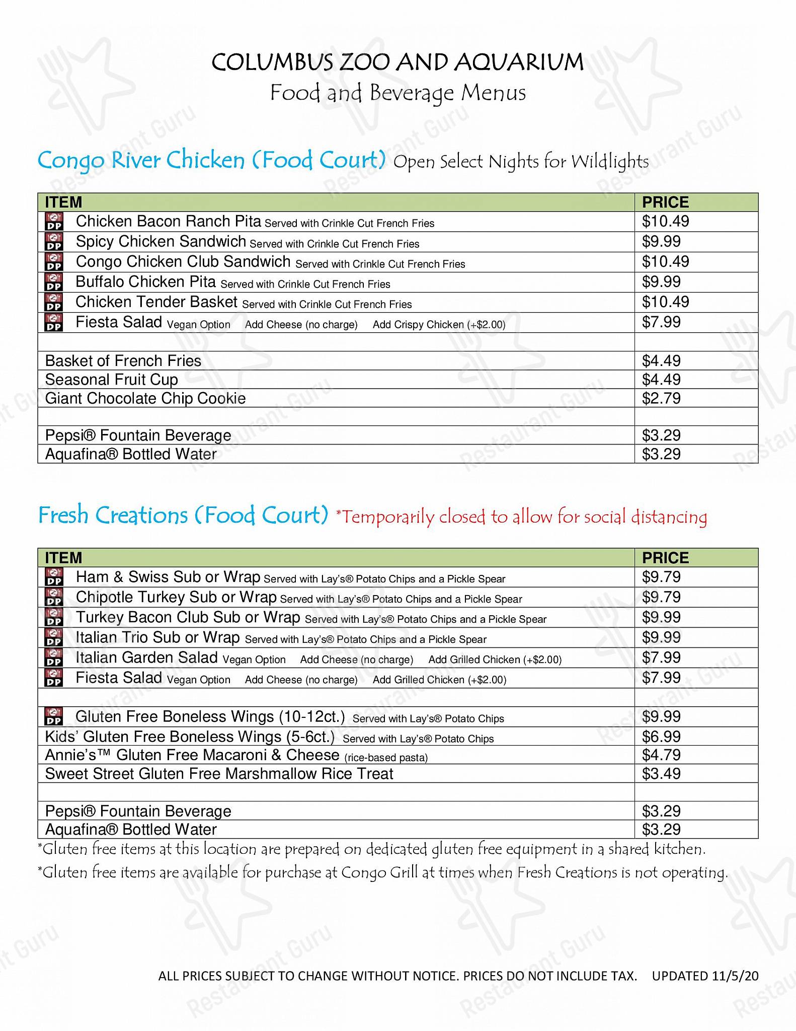 Menu at Congo River Market cafeteria, Powell, W Powell Rd Columbus Zoo