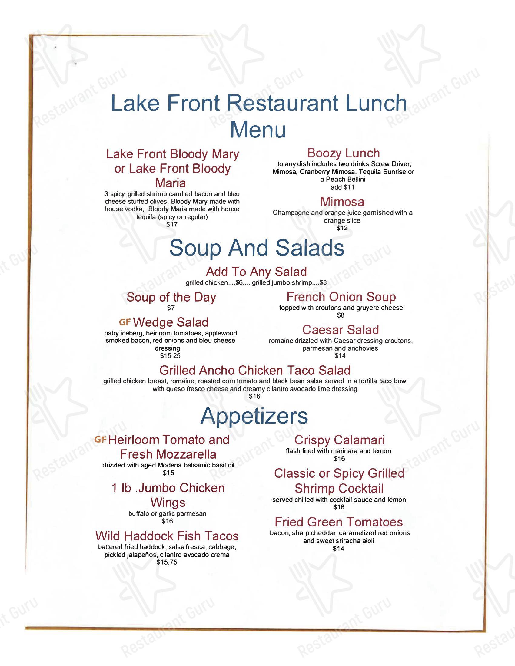 Menu at Lake Front Restaurant, Cooperstown