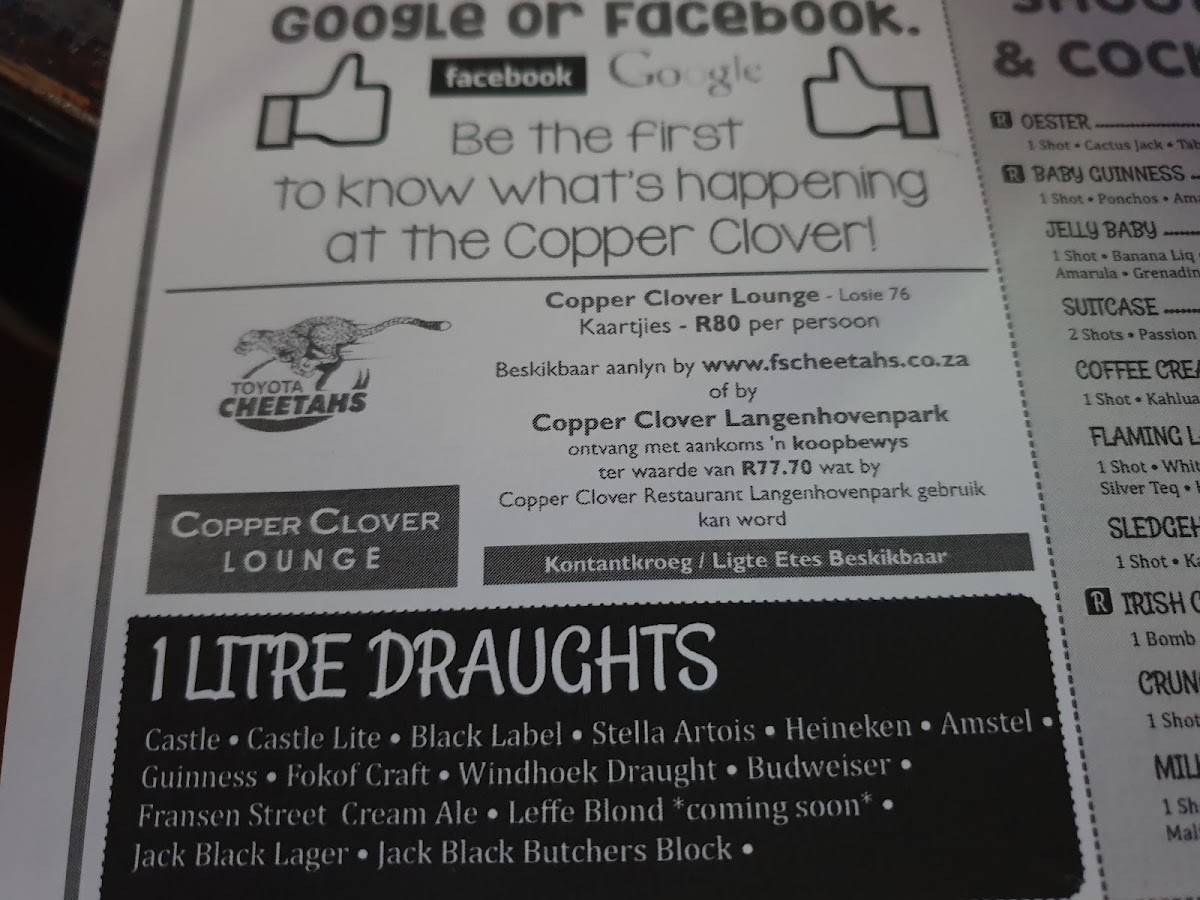 Menu at Copper Clover restaurant, Bloemfontein