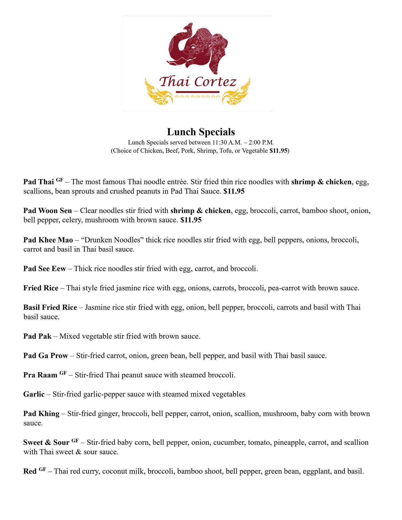 Menu at Thai Cortez restaurant, Cortez