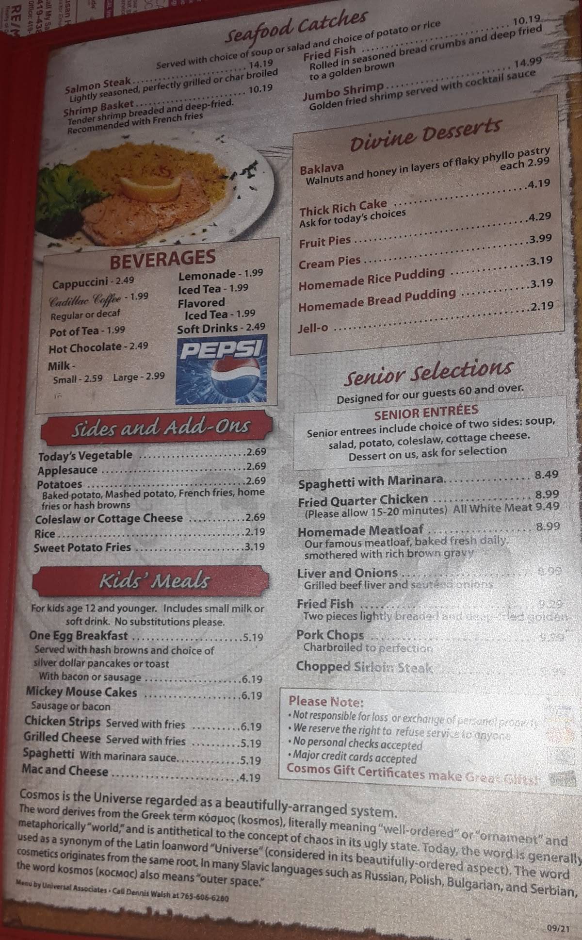 Menu at Cosmos Restaurant, Defiance