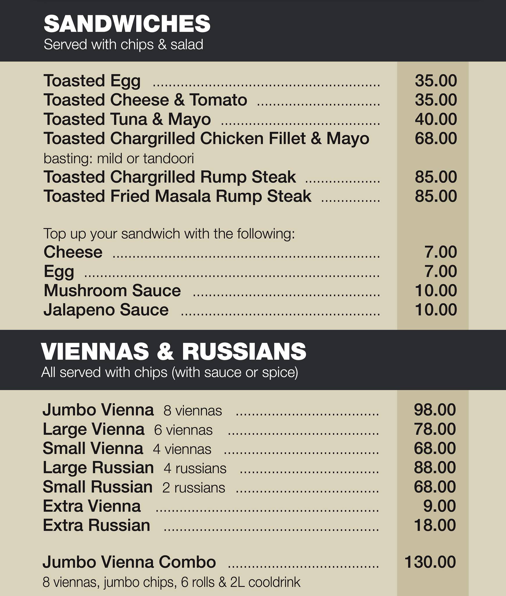 Menu at Cosy Corner restaurant, Cape Town