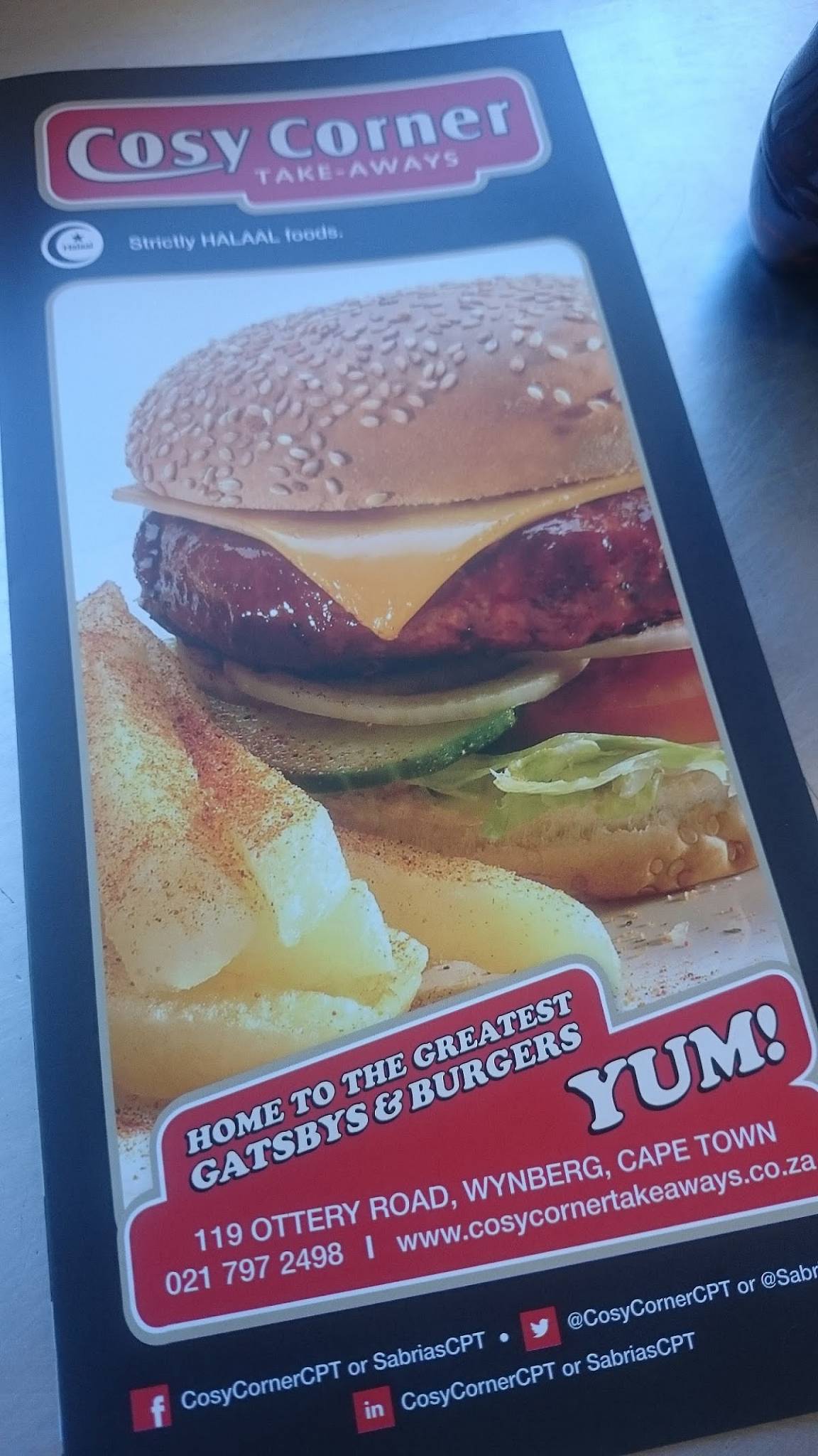 Menu at Cosy Corner restaurant, Cape Town