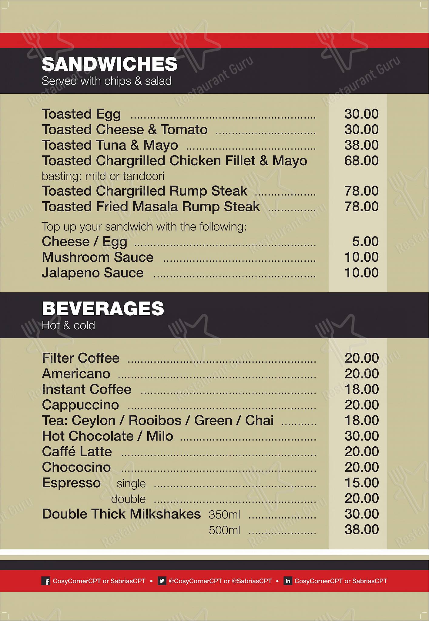 Menu at Cosy Corner restaurant, Cape Town