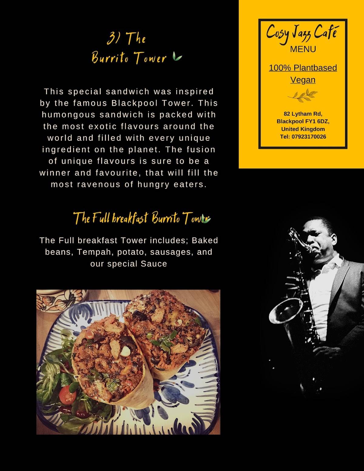 Menu at Cosy Jazz Café cafe, Blackpool