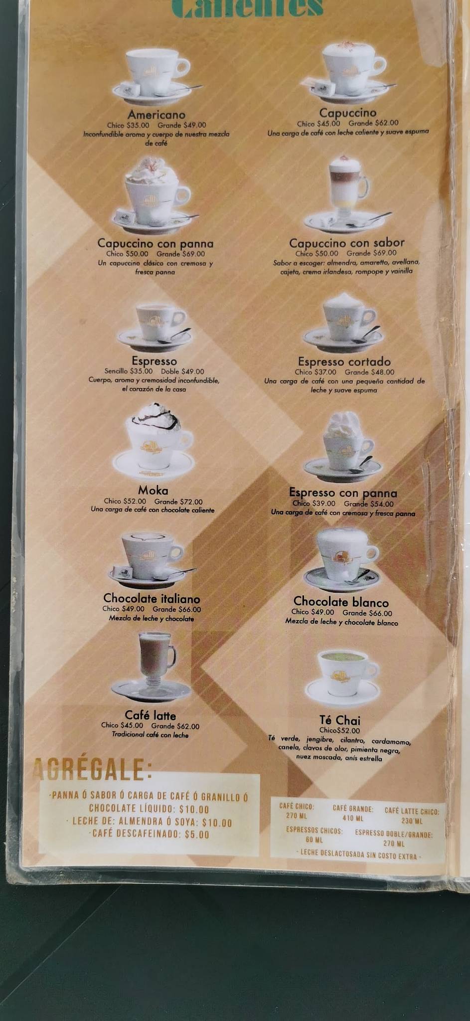 Carta del café The Italian Coffee Company, Cozumel, Plaza Leones