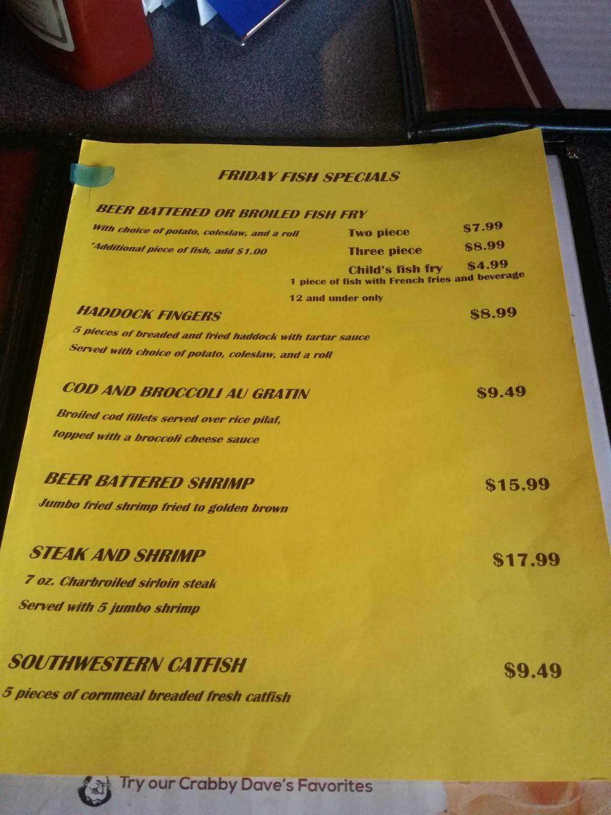 Menu at Crabby Dave's restaurant, Marshfield