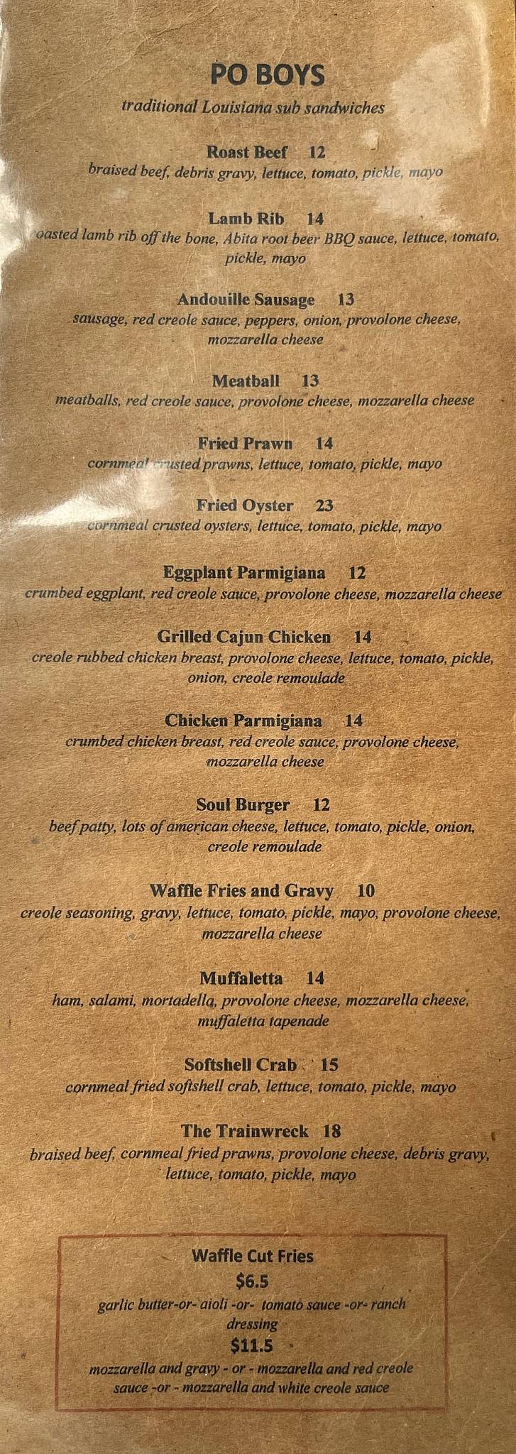 Menu at Creole Soul Kitchen restaurant, Spring Hill