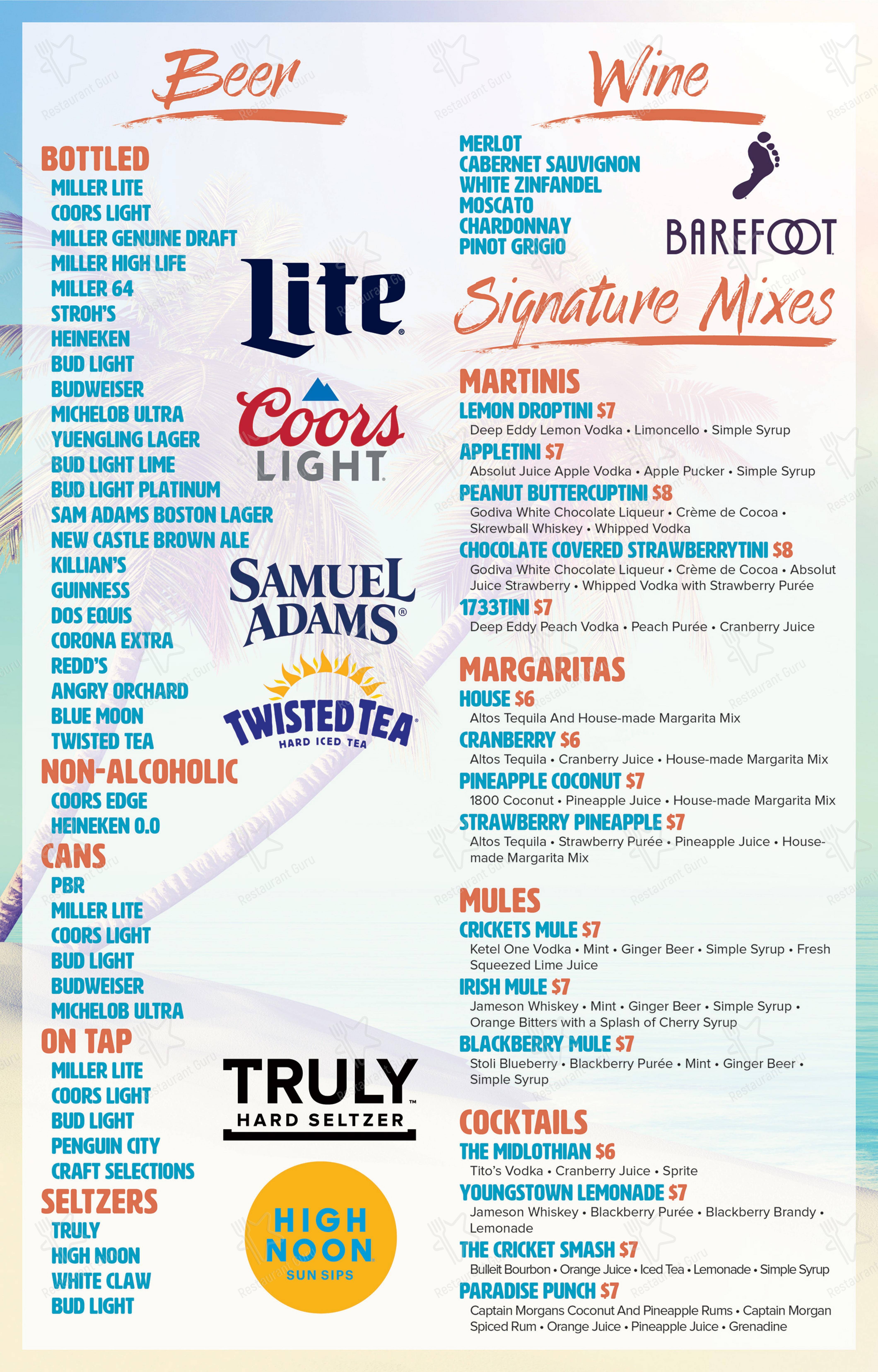 Menu at Crickets Bar and Grill, Youngstown