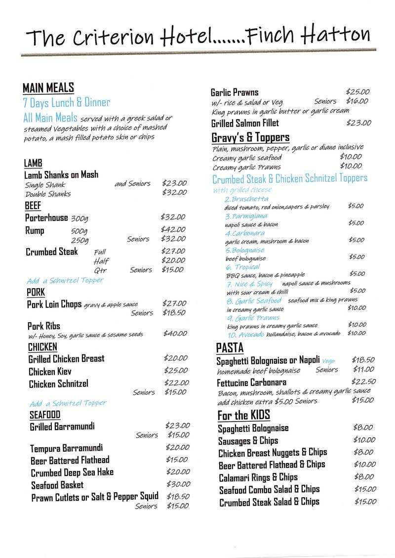 Menu at Criterion Hotel pub & bar, Finch Hatton