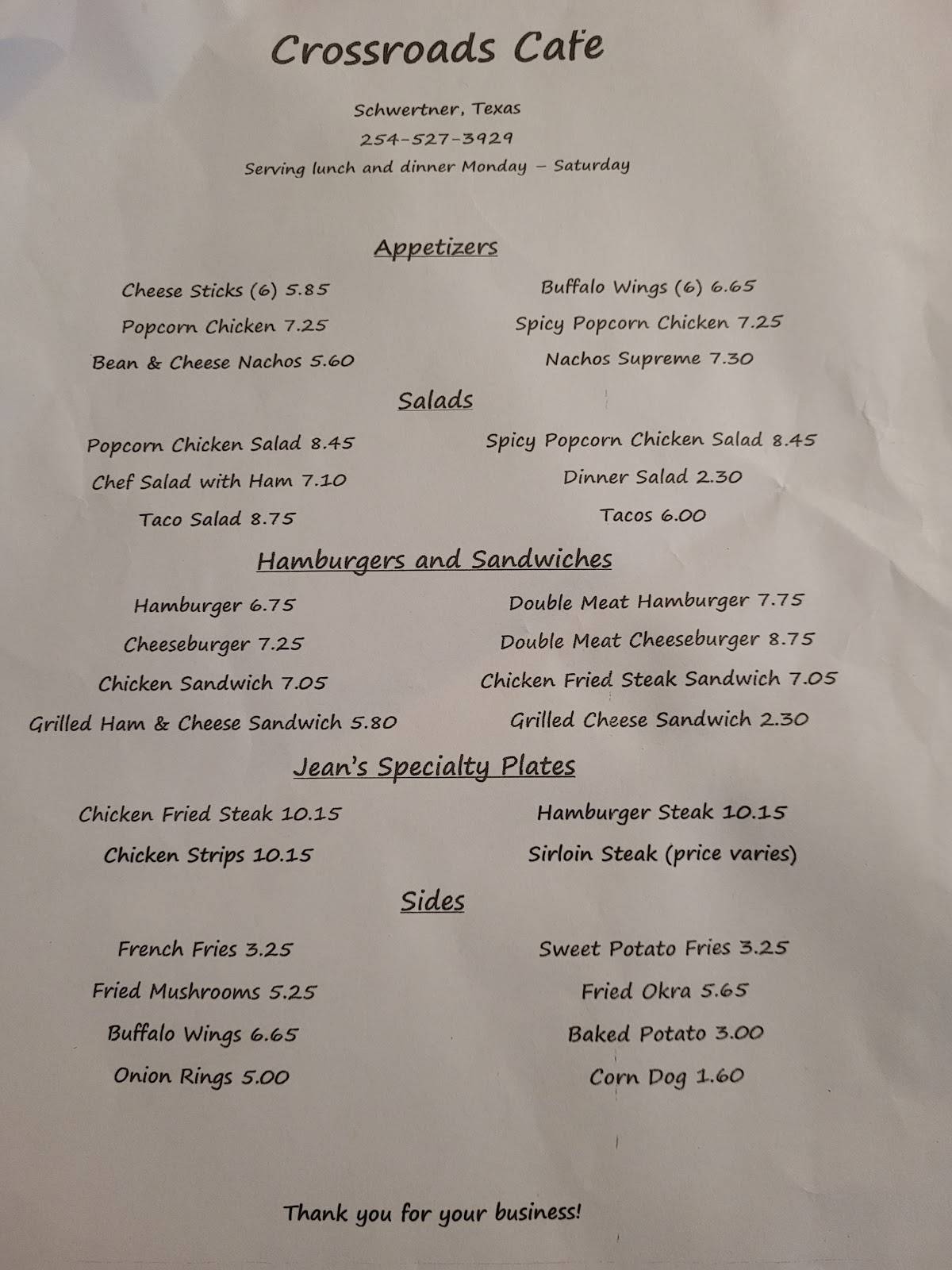 Menu at Crossroads Cafe, Schwertner, FM1105