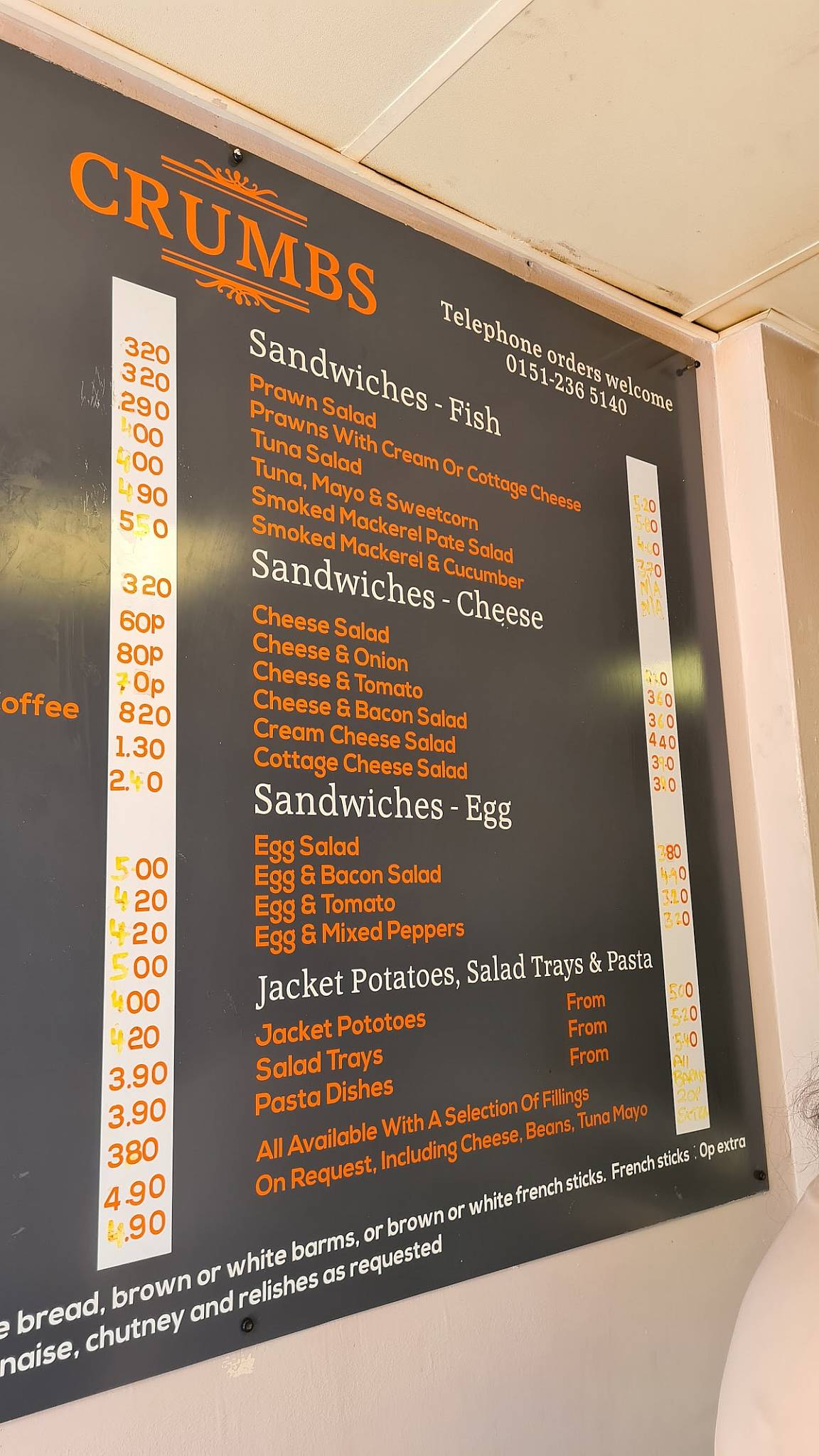 Menu at Crumbs fast food, Liverpool