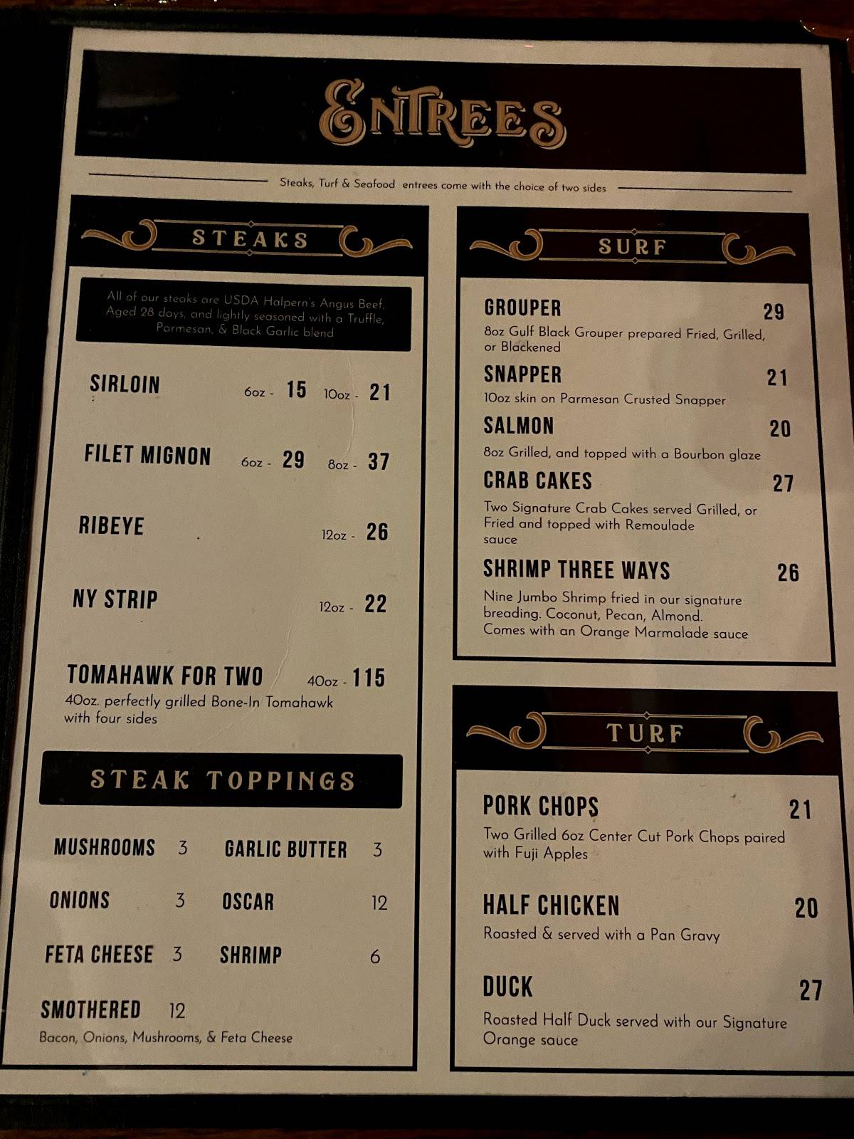 Menu at Kane's Cattle Co. steakhouse, Crystal River