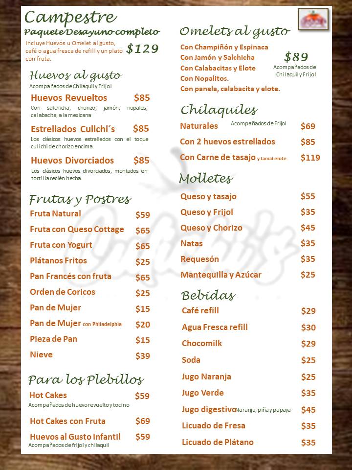 Carta de Culichis Restaurant Campestre, Tepic