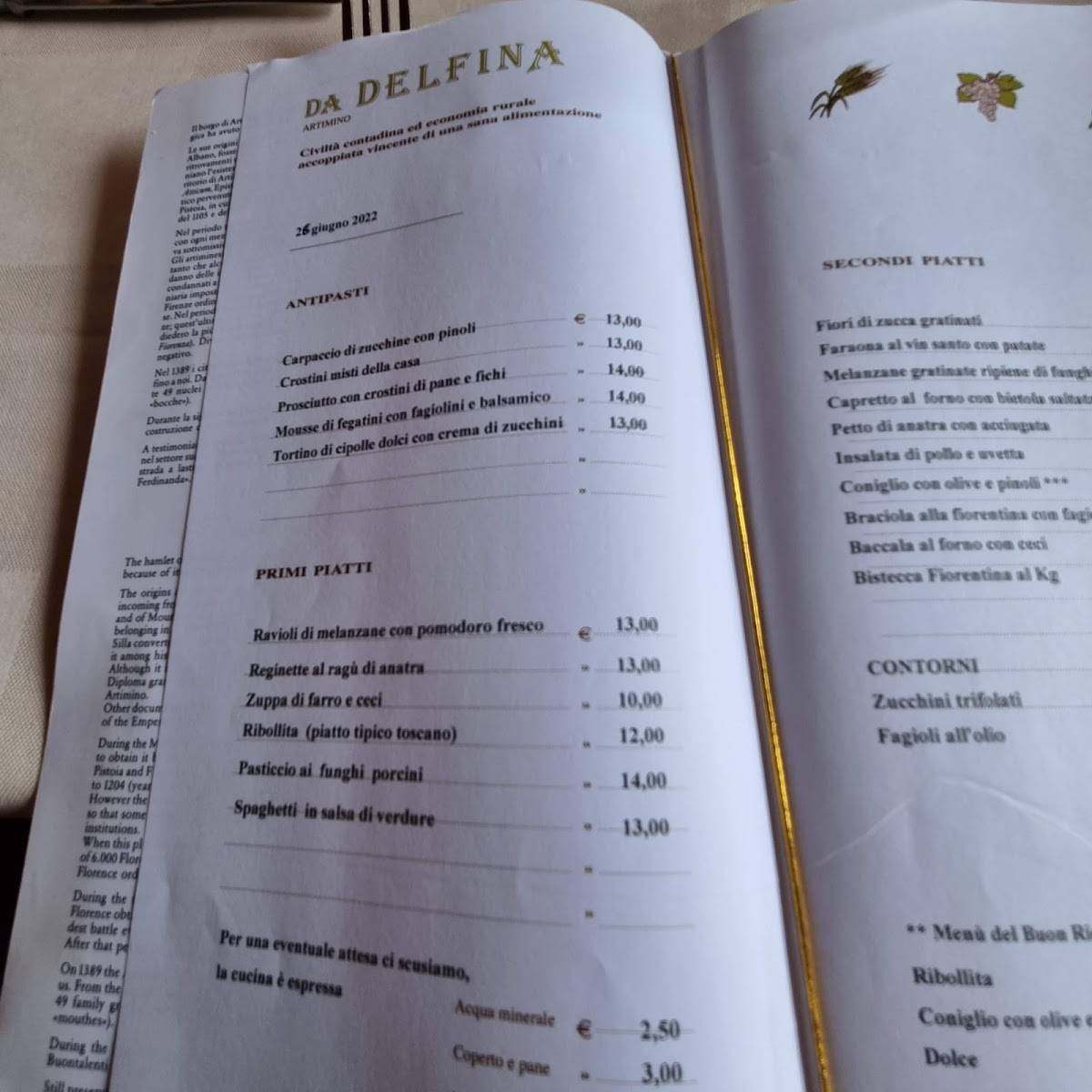 Speisekarte von Da Delfina restaurant, Artimino