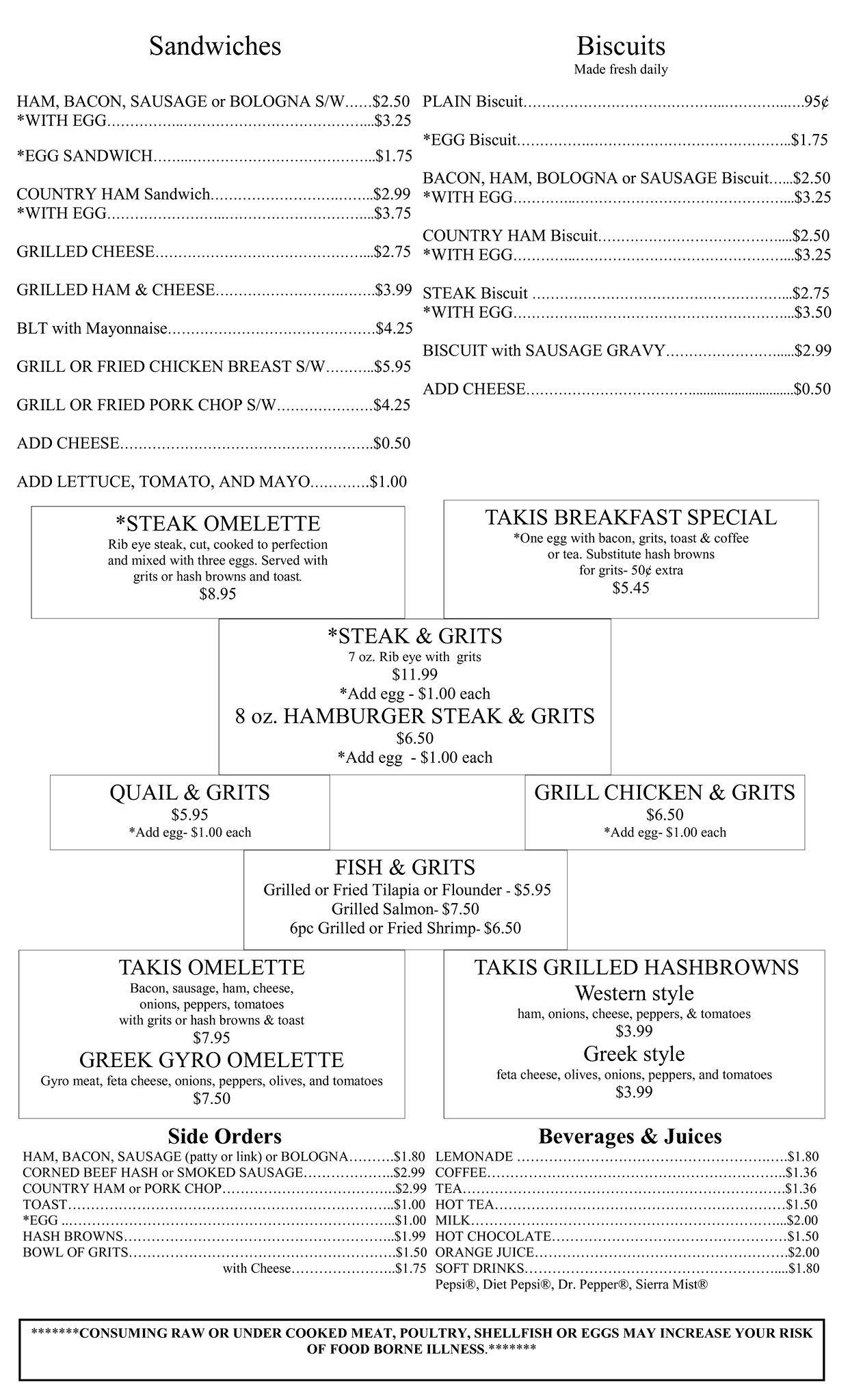 Menu at Takis Diner restaurant, Darlington