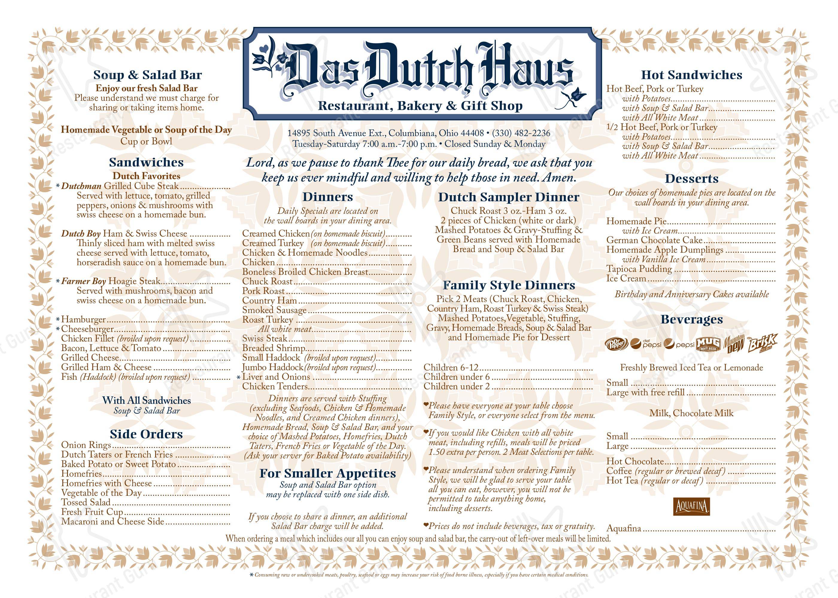 Menu at Das Dutch Haus Restaurant, Columbiana