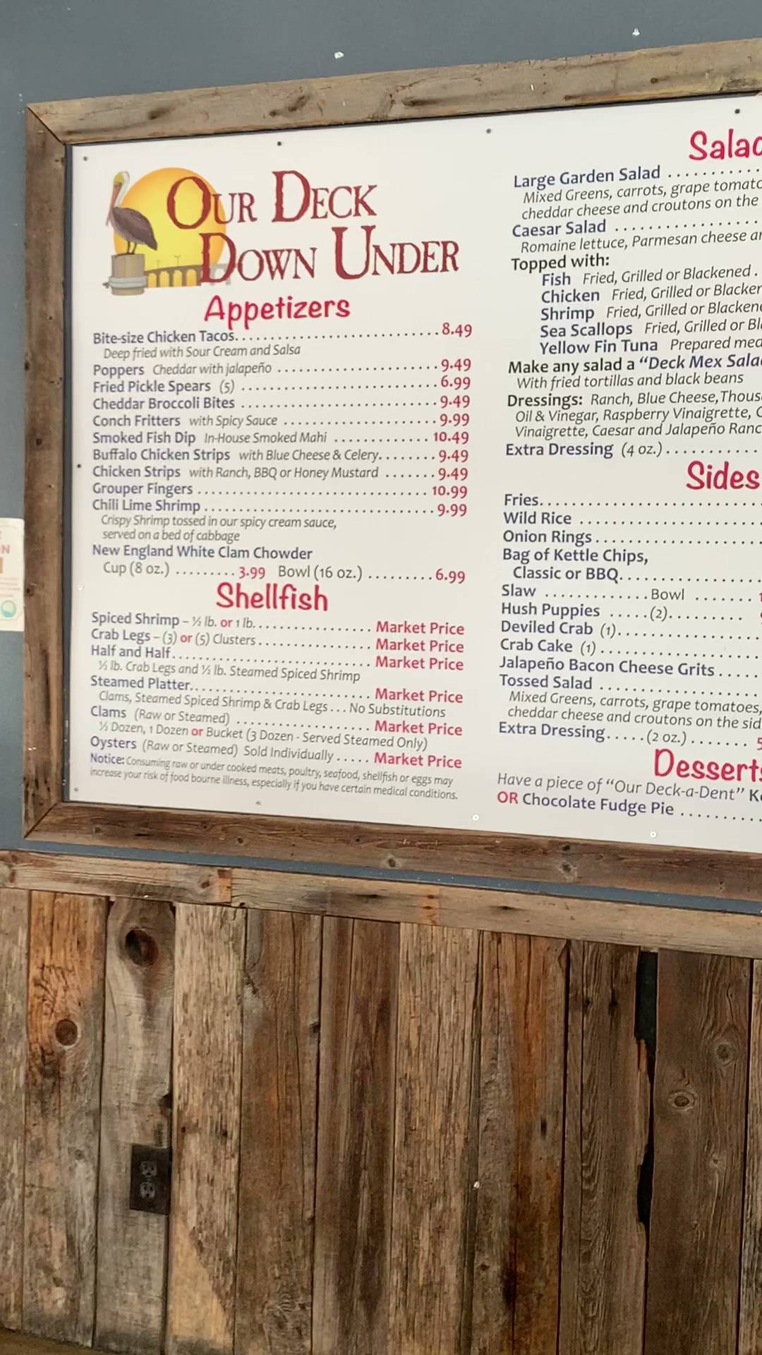 Menu at Our Deck Down Under restaurant, Port Orange