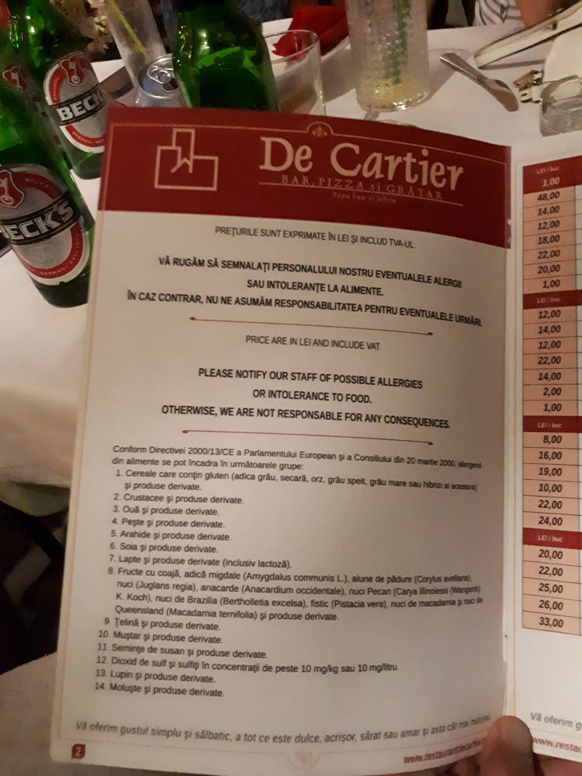 Menu at De cartier, Bucharest, Strada Viorele 57