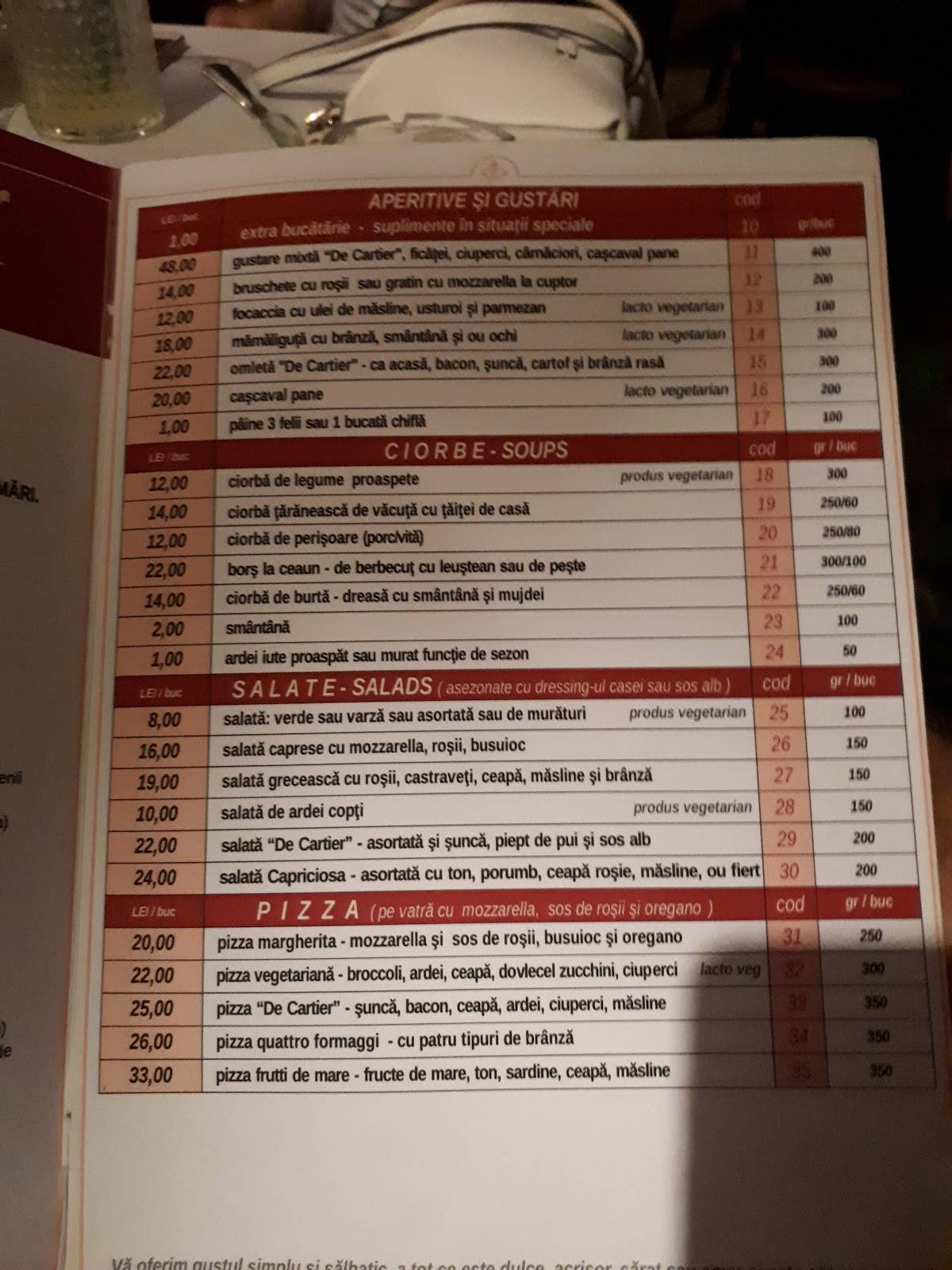 Menu at De cartier, Bucharest, Strada Viorele 57
