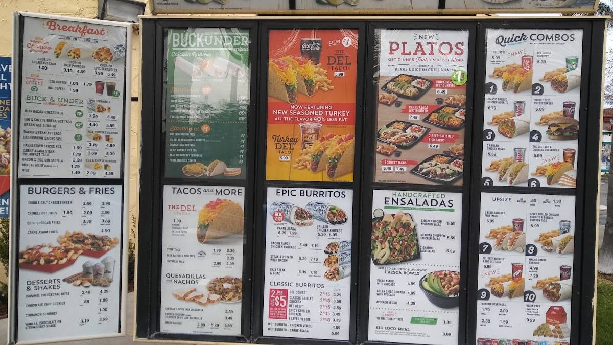 Menu at Del Taco fast food, Los Angeles, Los Feliz Blvd